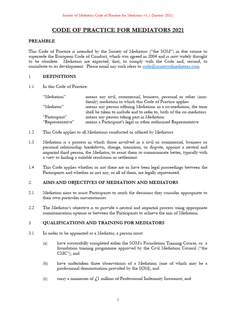 Society of Mediators Code of Practice | PDF | Mediation | Private Law