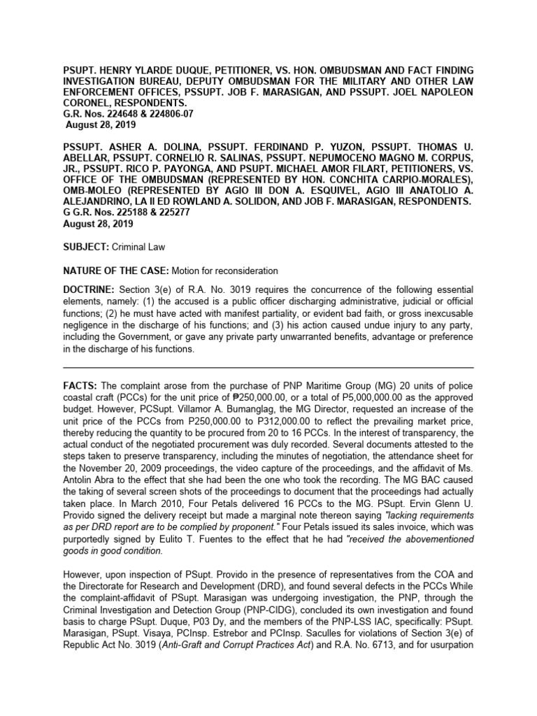 Psupt Henry Y. Duque Vs Hon. Ombudsman G.R. Nos. 225188 & 225277 PSSUPT. Asher A. Dolina Vs Hon ...