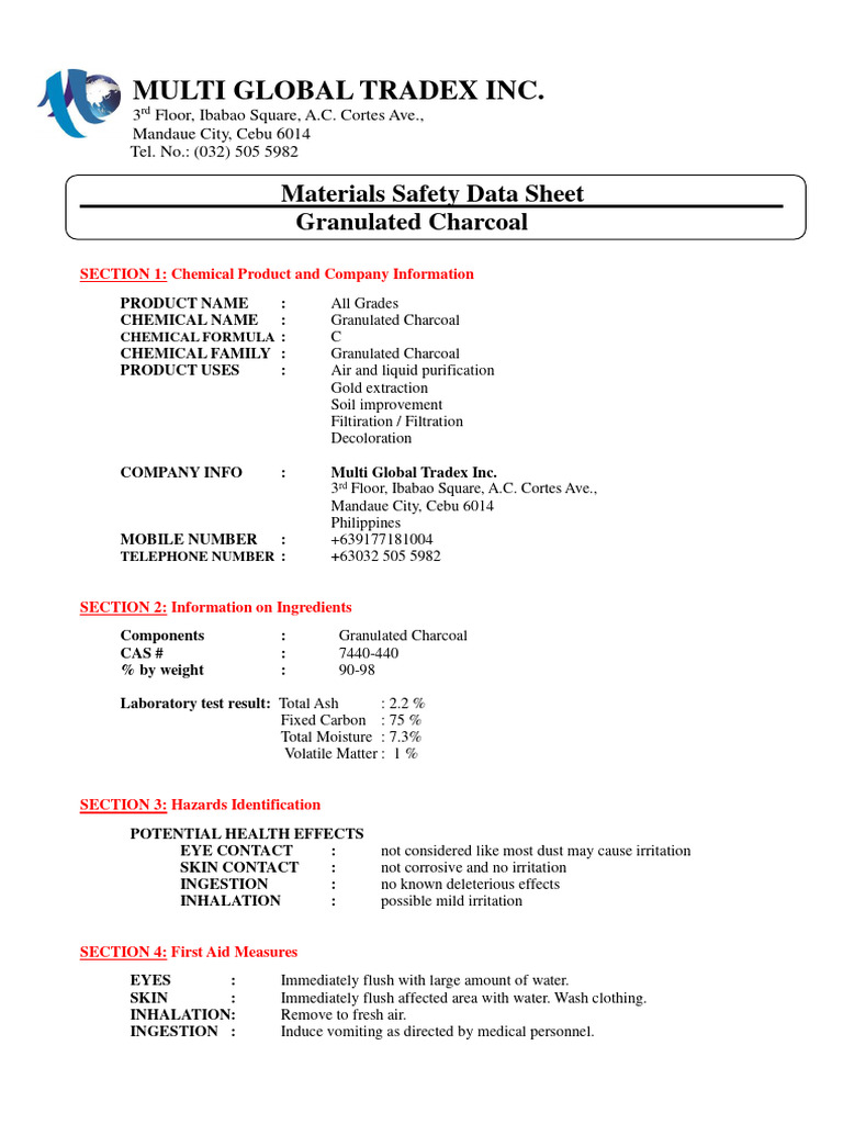 Mgti - MSDS Granulated Charcoal | PDF | Water | Hazards