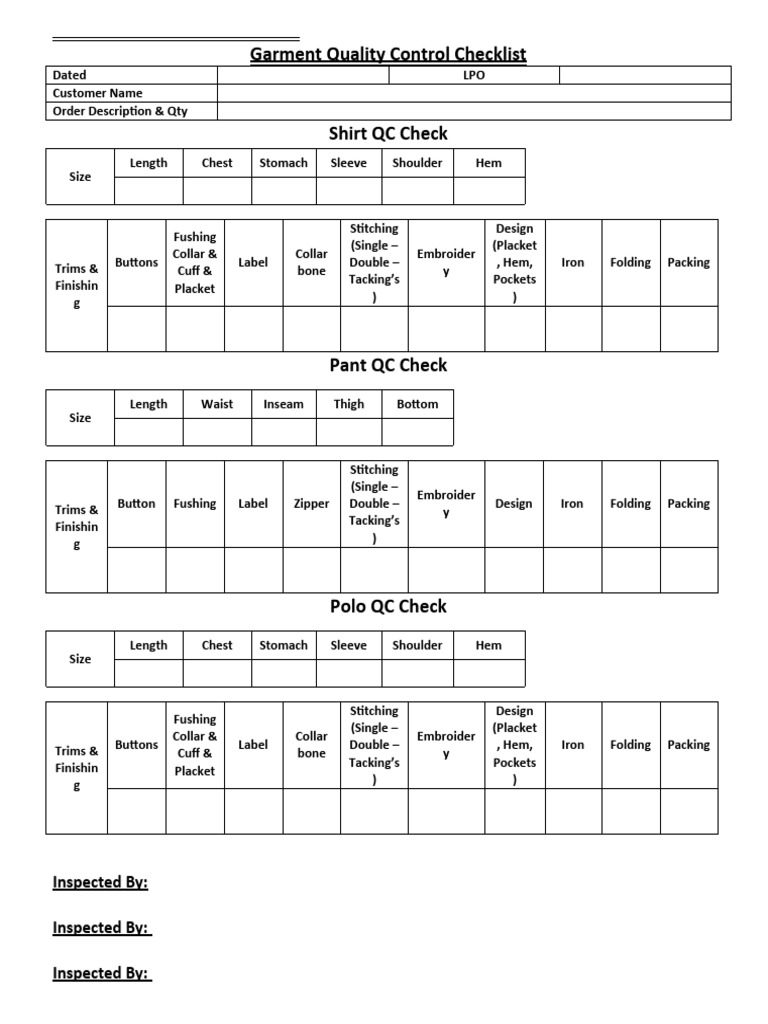 Garment Quality Control Checklist | PDF | Seam (Sewing) | Human Appearance