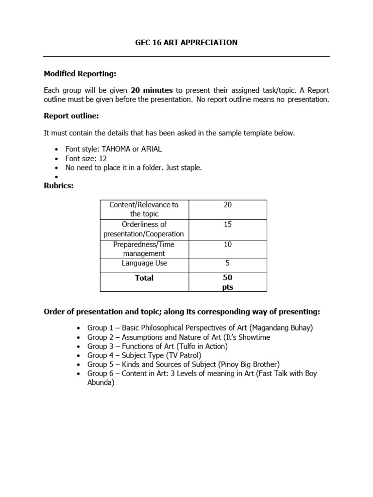 Art Appreciation Group Presentation Guide | PDF | Human Communication