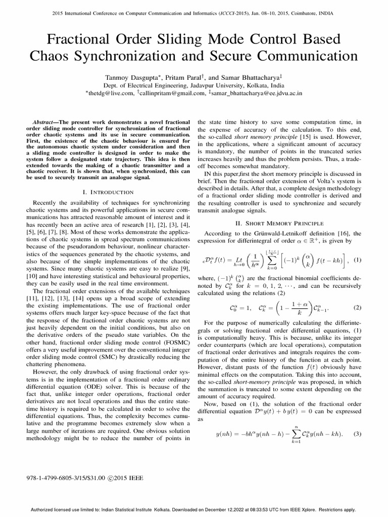 Fractional Order Sliding Mode Control Based Chaos Synchronization and Secure Communication | PDF ...