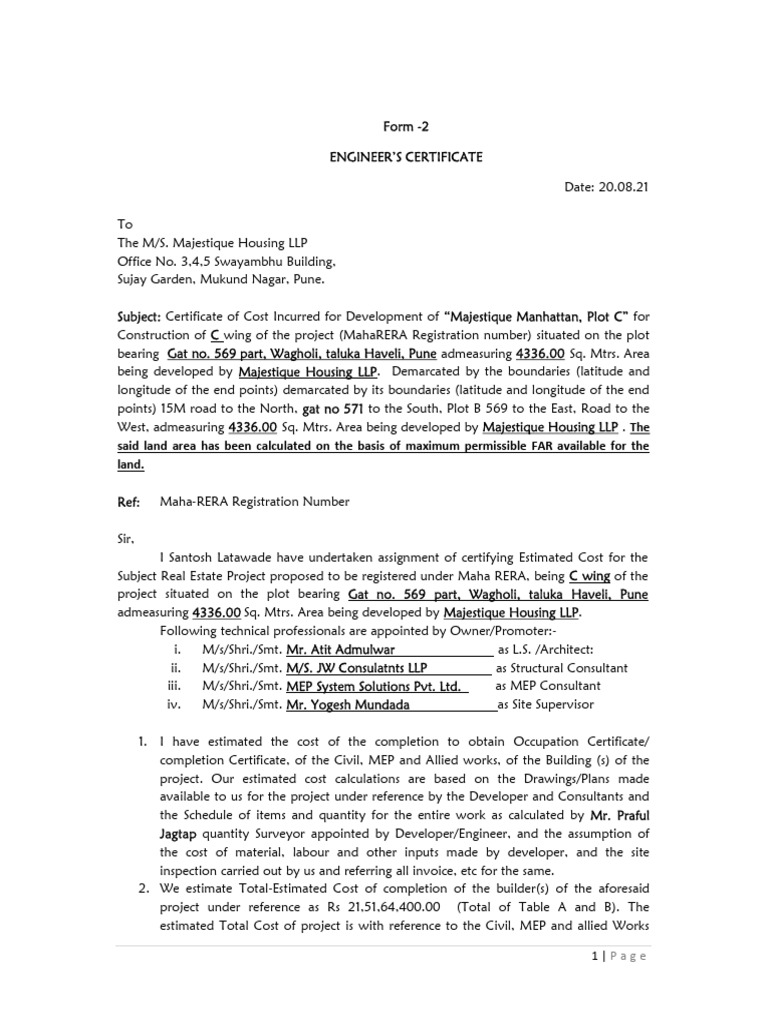1 Engineer's Certificate On Cost Incurred On Project (Form 2) | PDF