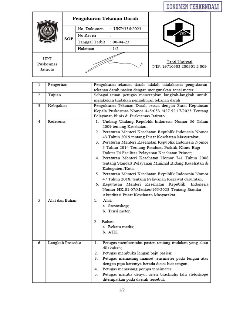 Sop Prosedur Pengukuran Tekanan Darah | PDF