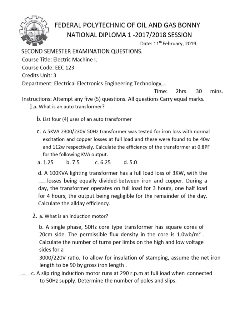Eec 123 Past Question 2ND Semester | PDF | Transformer | Electromagnetism