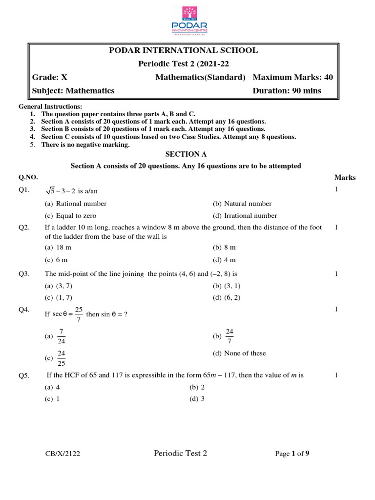 QP CB X Mathematics Standard PT2 FINAL | PDF | Polynomial | Numbers