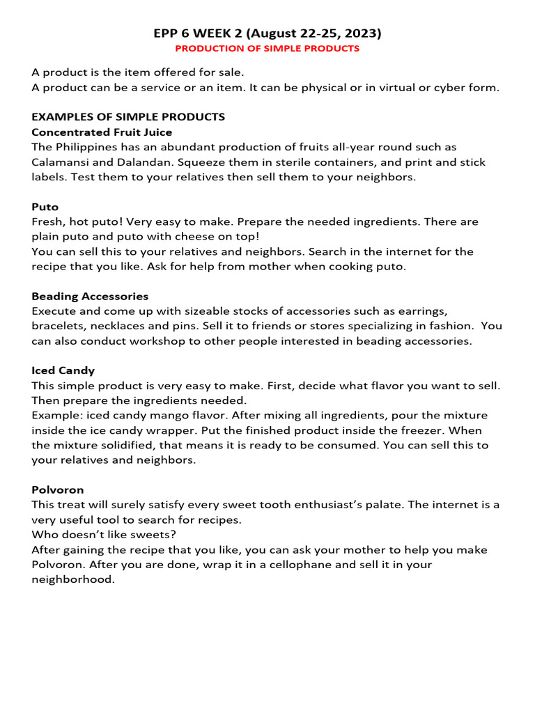 EPP 6 Handouts | PDF