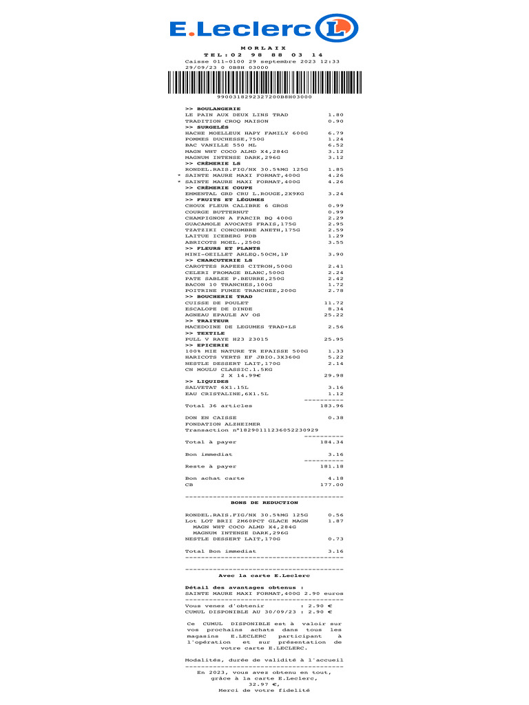 E.leclerc - Ticket Du 29.09.2023 | PDF