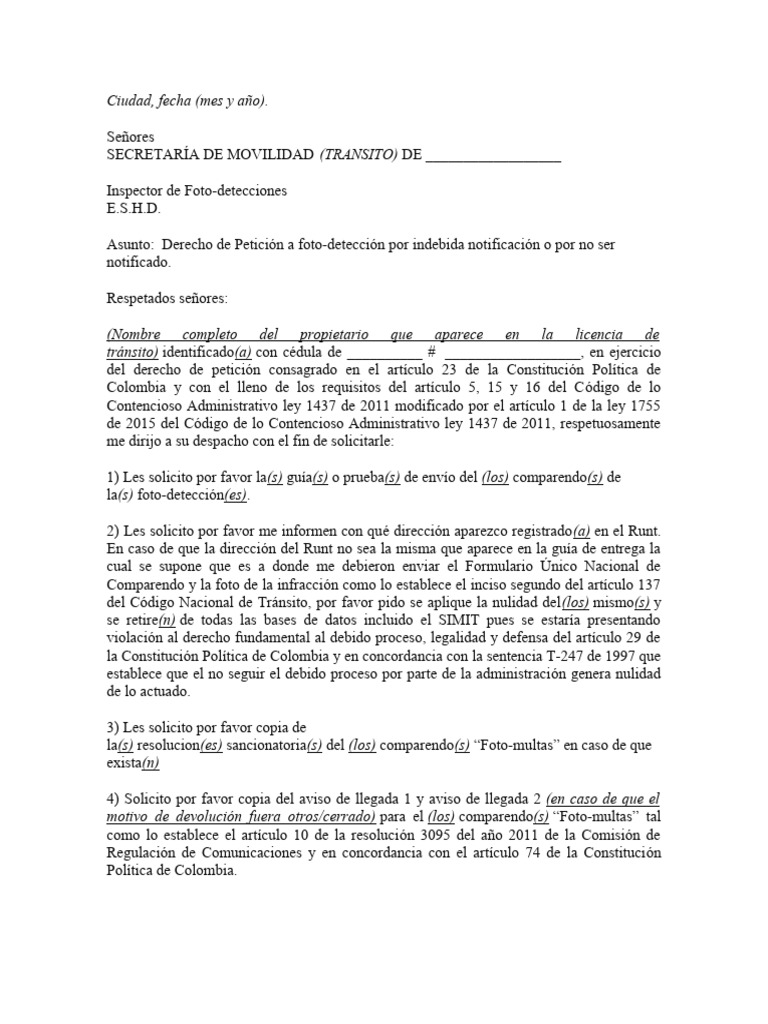 Derecho de Peticion Foto Multa Por Indebida Notificacion o Por No Ser ...