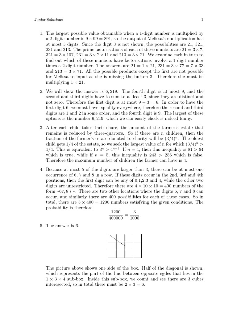 Melbourne University Math Competition Junior - Solution | PDF ...