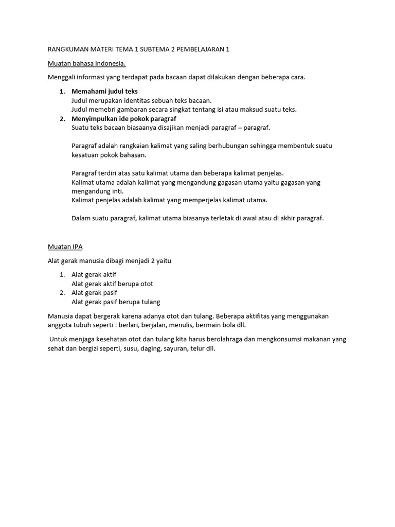 Rangkuman Materi Kls 5 Tema 1 Subtema 2 | PDF