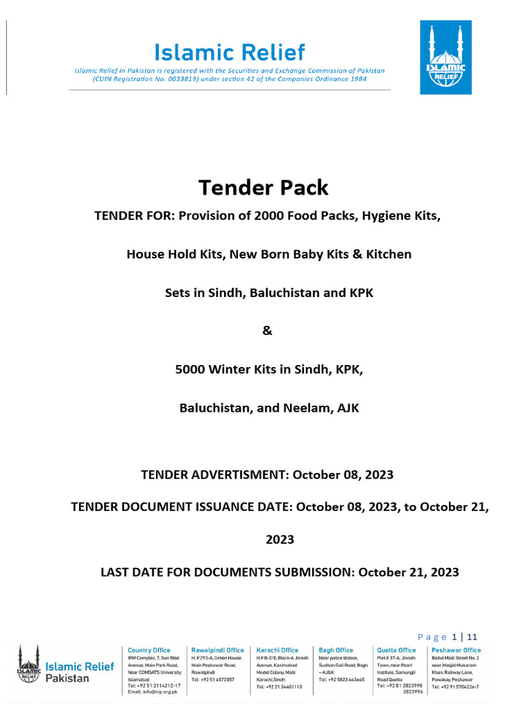 Tender Pack For Provision of 2000 Food Packs Hygiene Kits HHold Kits ...