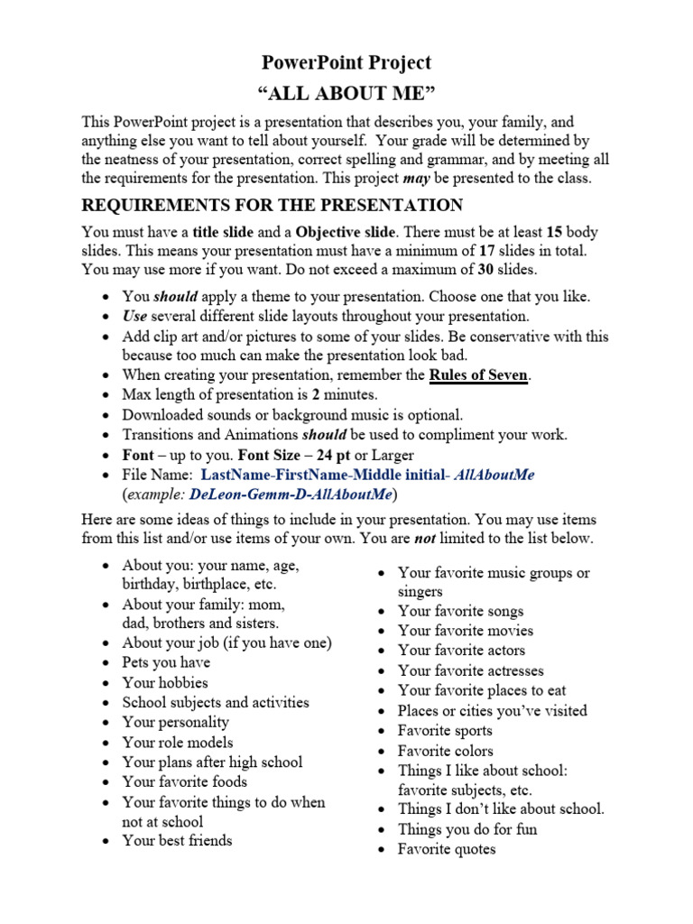 All About Me PowerPoint Project Guide | PDF