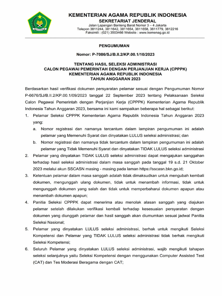 Pengumuman Hasil Seleksi Administrasi CPPPK Kemenag Tahun 2023 Ok PDF | PDF Pengumuman Hasil Seleksi Administrasi CPPPK Kemenag Tahun 2023 Ok PDF | PDF