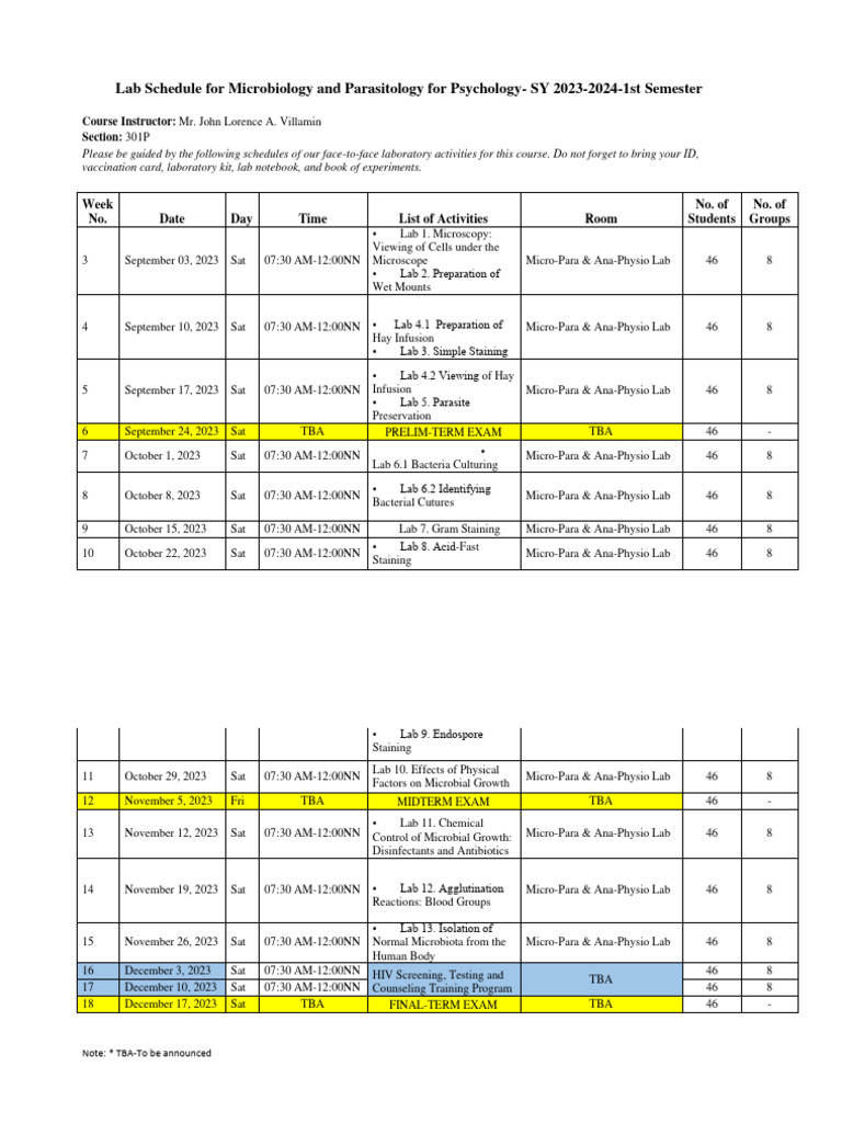 Lab Schedule For Microbiology and Parasitology For Psychology - SY 2023 ...