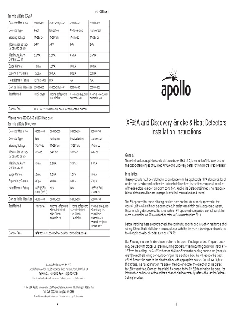 XP95A and Discovery UL Smoke & Heat Detectors Installation Instructions | PDF | Electrical ...
