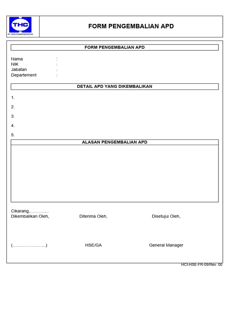 HCI-HSE-FR-09 Rev. 00 Form Pengembalian APD | PDF