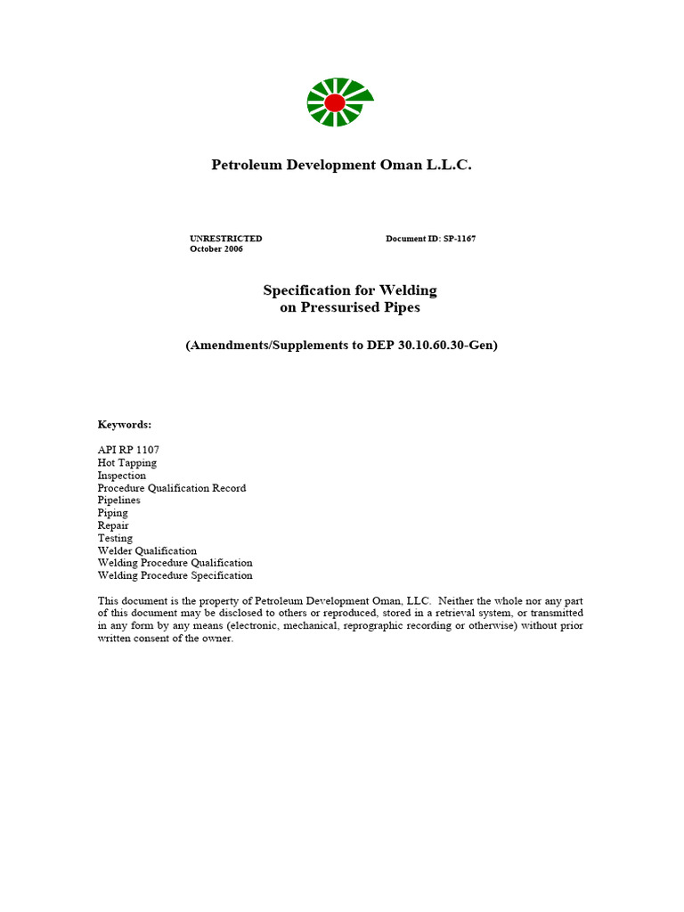 SP-1167-Specification For Welding On Pressurised Pipes | PDF ...