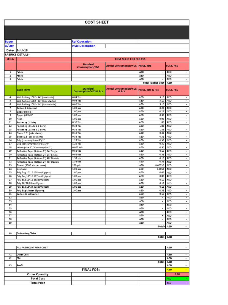 Costing Sheet | PDF
