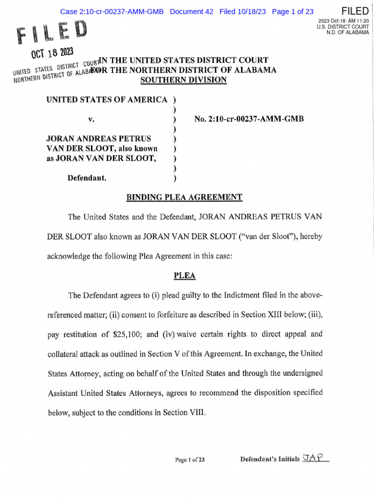 Plea Agreement of Joran Van Der Sloot in The Holloway Extortion Case | PDF