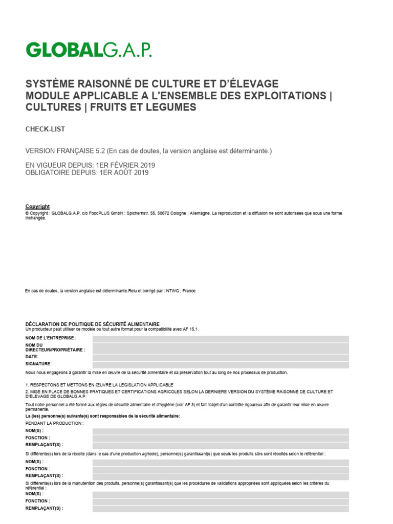 Check List Global GAP V5.2 | PDF