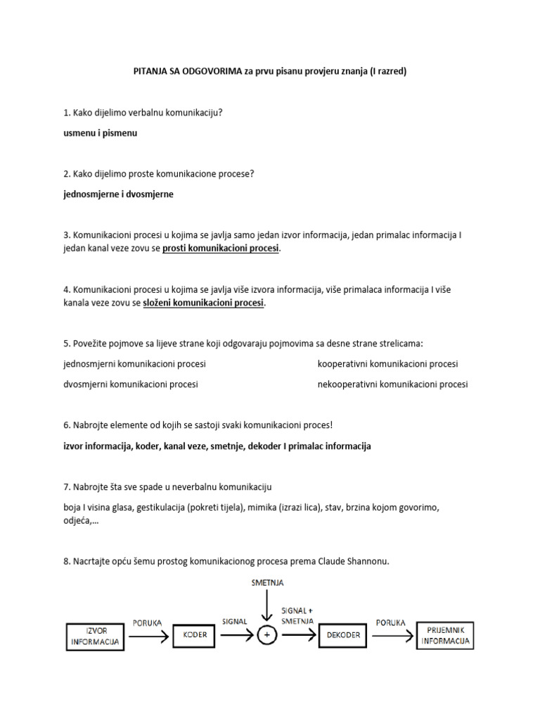 Pitanja Sa Odgovorima I Razred I Test | PDF