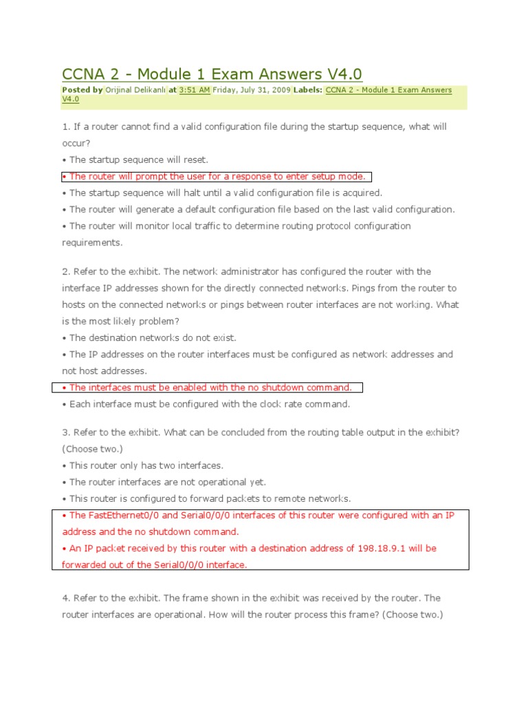 CCNA 2 - Module 1 Exam Answers V4.0 | PDF | Router (Computing) | Computer Network