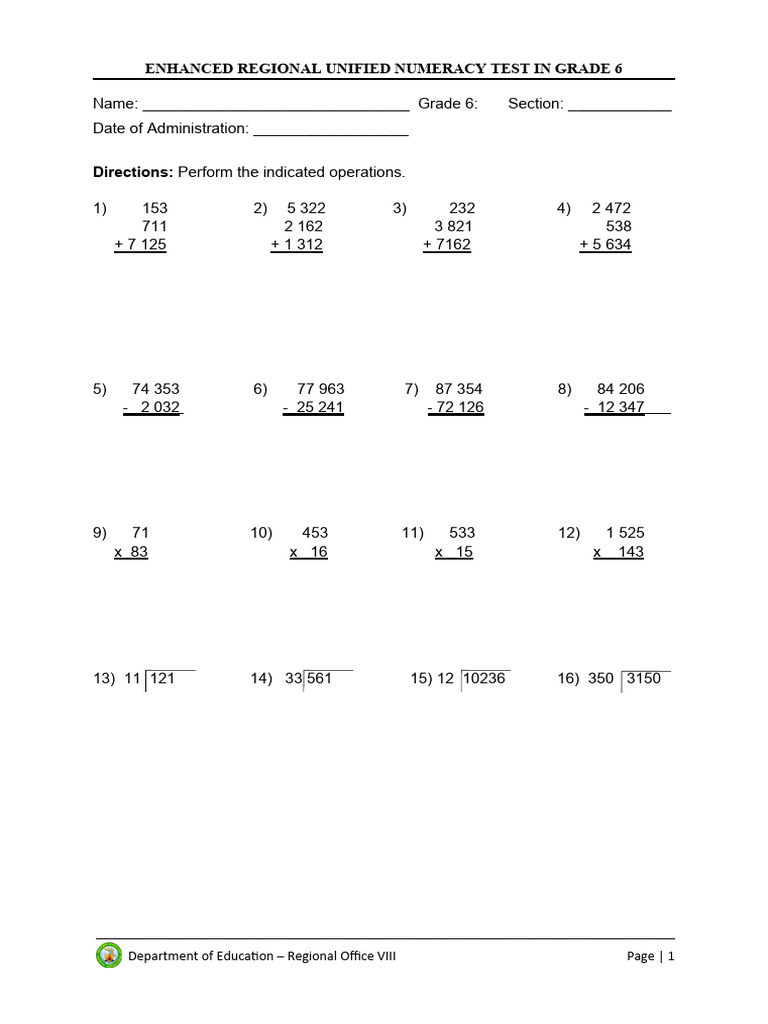 Grade 6 Enhanced Numeracy Test | PDF