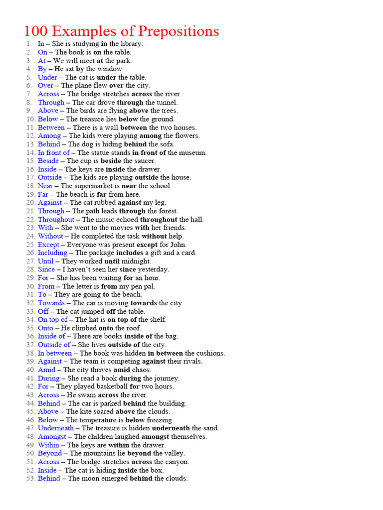 100 Examples of Prepositions | PDF