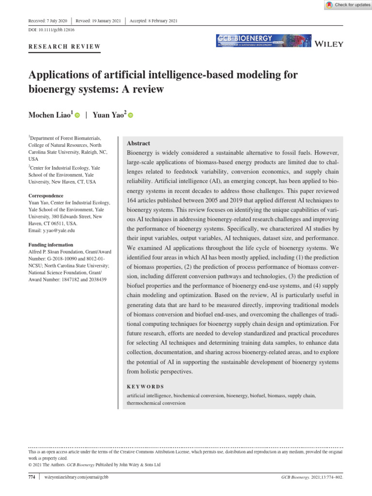 GCB Bioenergy - 2021 - Liao - Applications of Artificial Intelligence ...