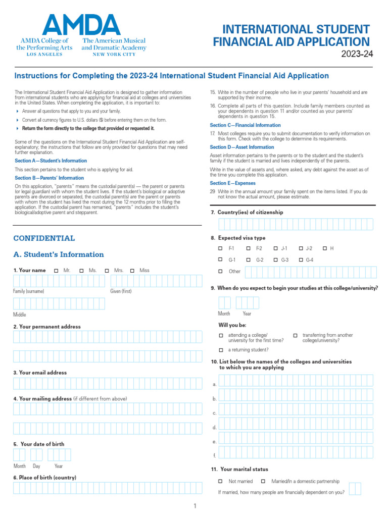 23-24 International Student Financial Aid Application | PDF | Debt ...