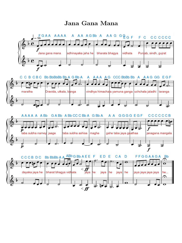Jana - Gana - Mana - Sheet - Music (With Lyrics) | PDF