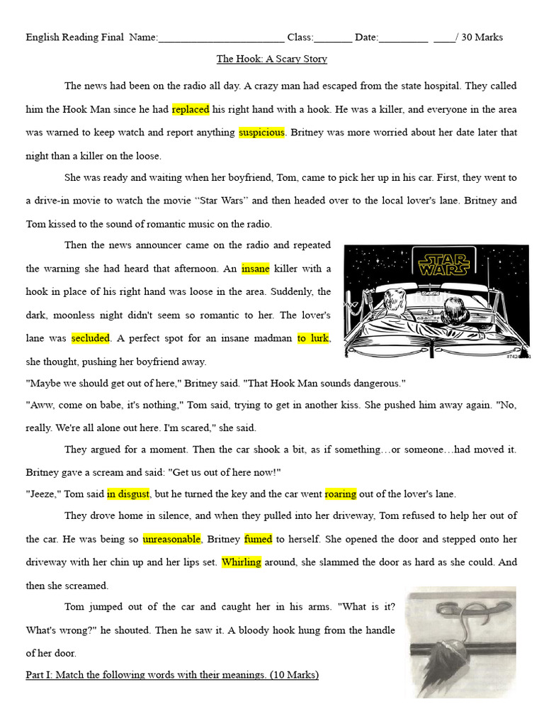 the-hook-a-scary-story-reading-comprehension-exercises_109043 | PDF