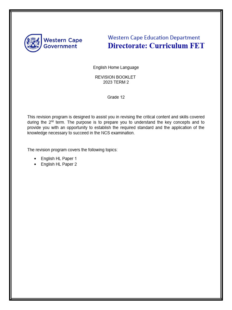 Revision booklet EHL Grade 12 Term 2. (2) | PDF | Poetry | Reading ...