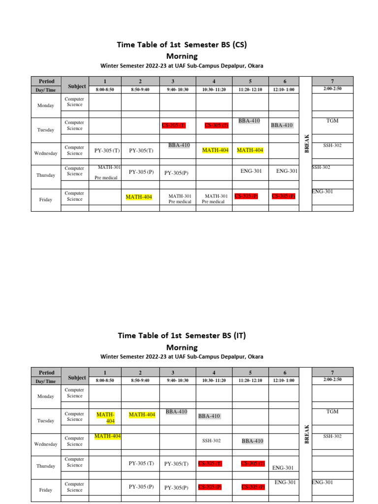 TimeTable 1st Semester CS&IT | PDF | Academic Term | Science