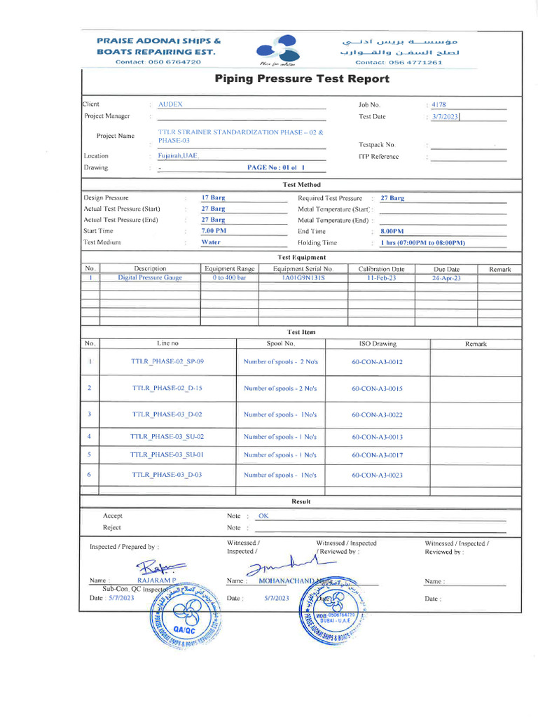 Audex Hydrotest Report Pdf