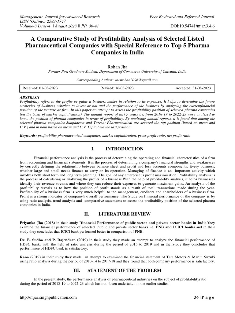 A Comparative Study of Profitability Analysis of Selected Listed Pharmaceutical Companies With ...
