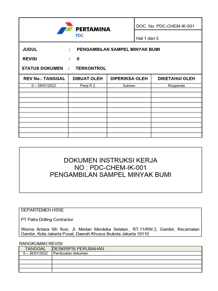 Instruksi Kerja Pdc-Chem-Ik-001 (Pengambilan Sampel Minyak Bumi) | PDF