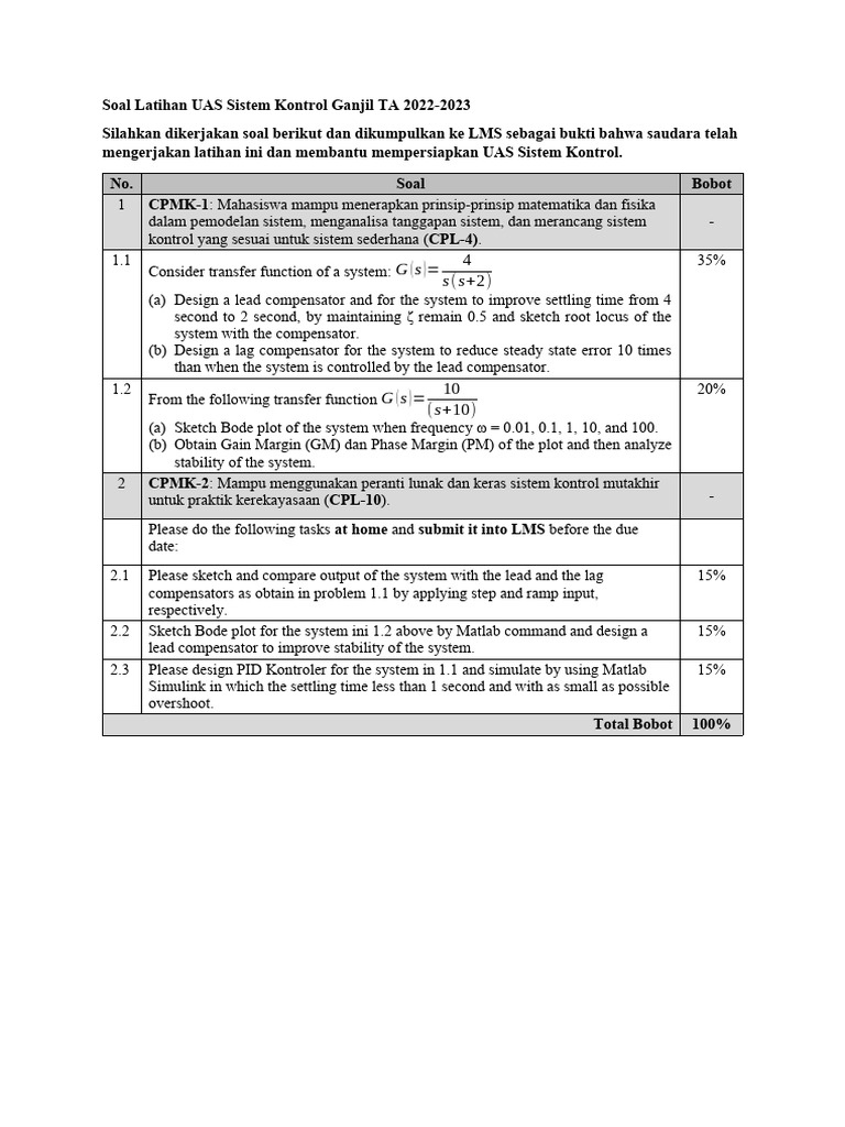 Soal Latihan UAS Sistem Kontrol | PDF | Systems Theory | Algorithms