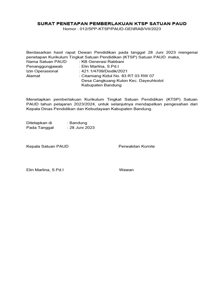 Lembar Pengesahan KTSP PAUD 2023 | PDF