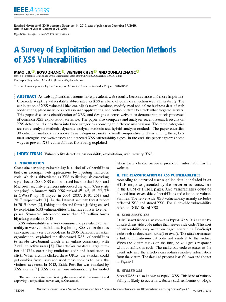 ![1] a Survey of Exploitation and Detection Methods of XSS Vulnerabilities | PDF