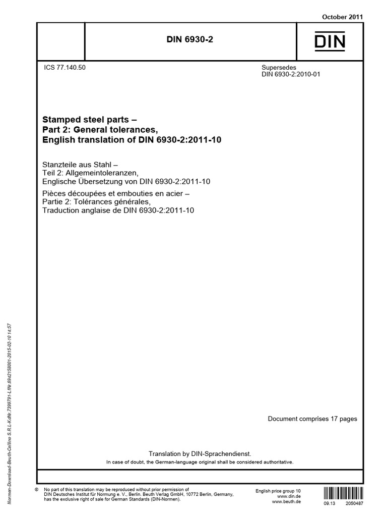 DIN 6930-2 Stamped Steel Parts Part 2 General Tolerances | PDF ...