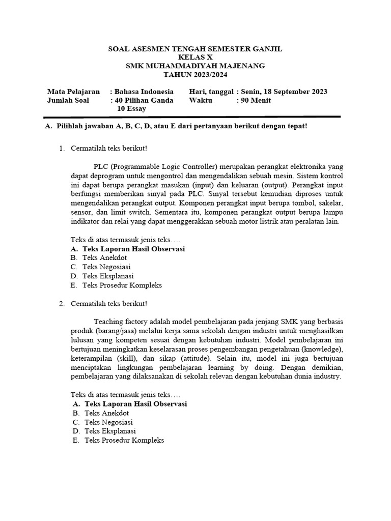 Soal Ats Ganjil Bahasa Indonesia 2023 | PDF