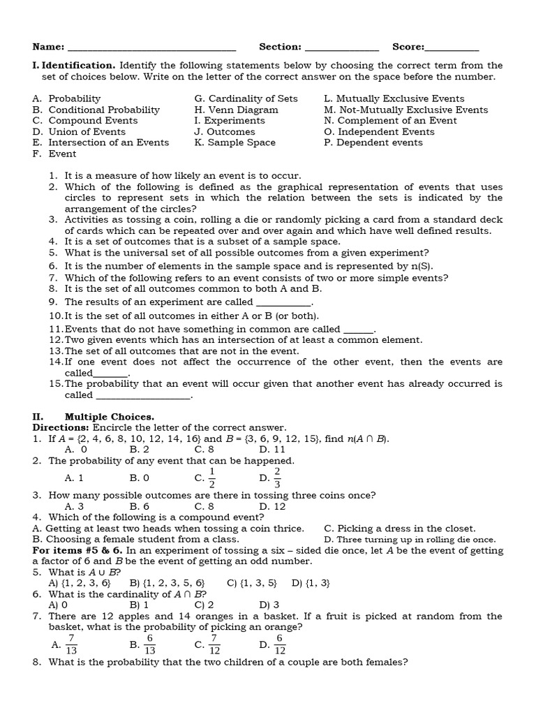 Math 10 - 3rd PT | PDF | Set (Mathematics) | Probability