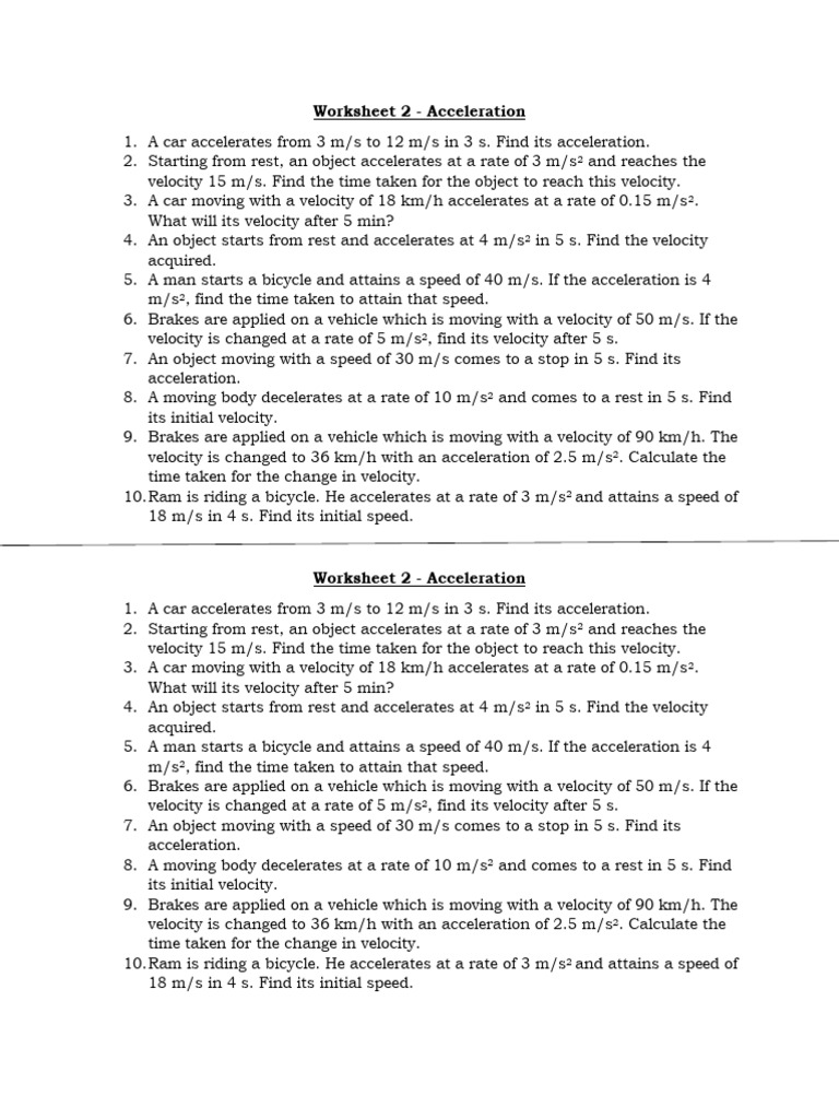Worksheet 2 Acceleration 2 | PDF | Acceleration | Speed