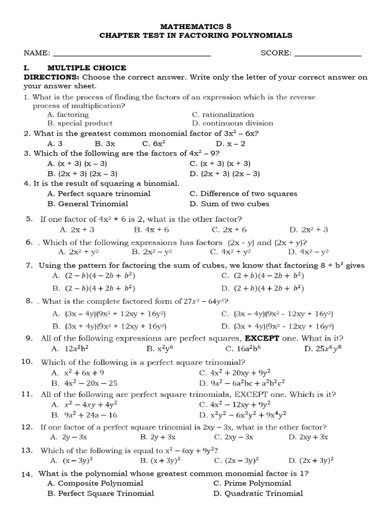 Math8-Factoring Polynomials Test | PDF