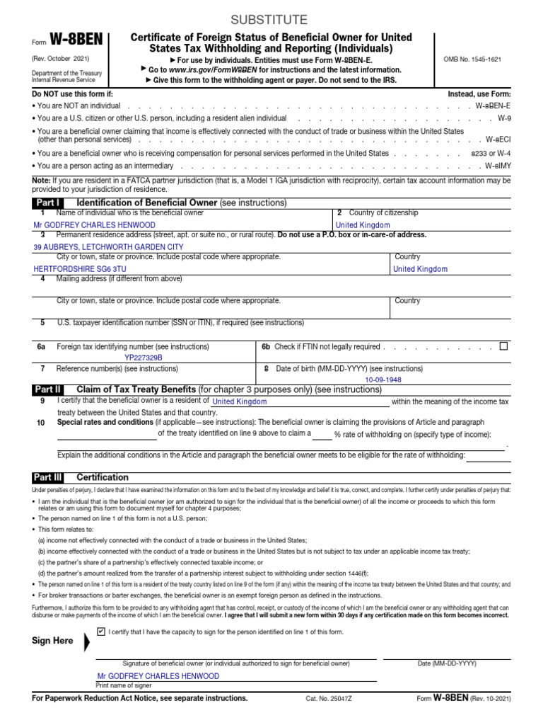 W8BEN Form | PDF | Taxation | Public Finance