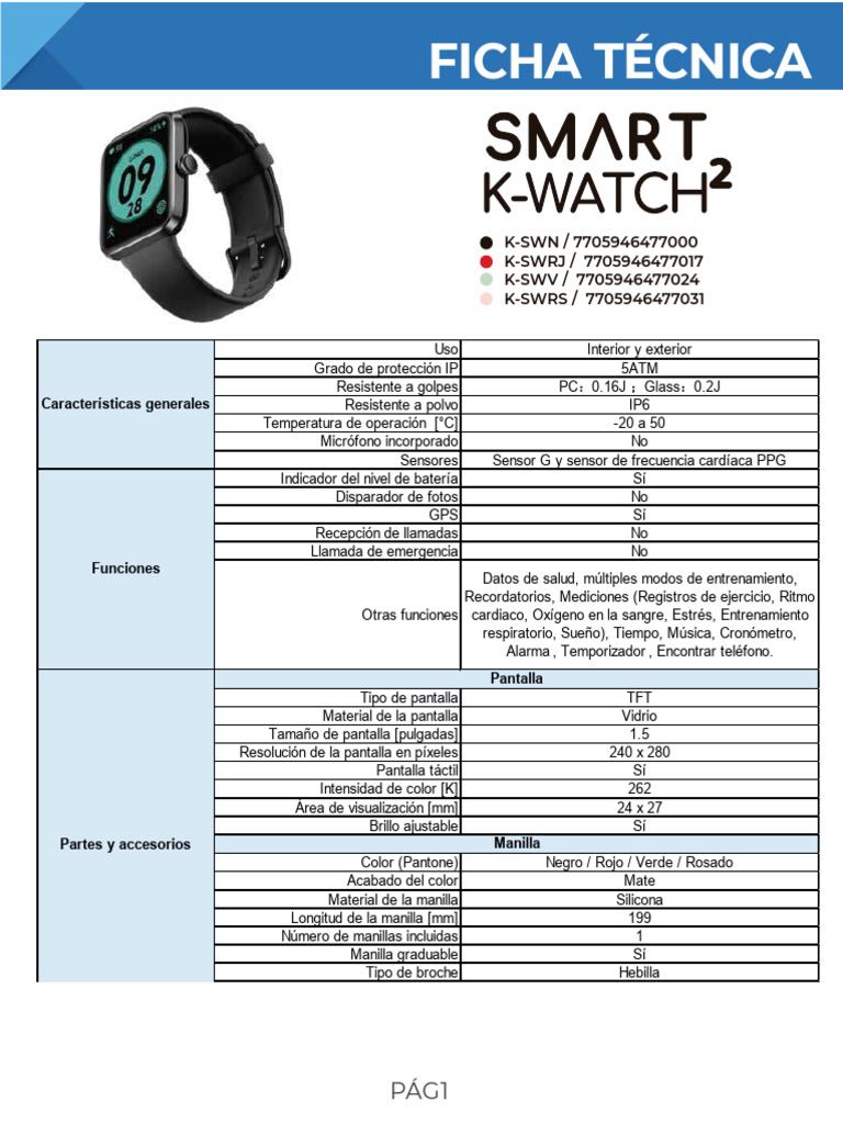 Ficha Tecnica Reloj Smart Watch2 Kalley | PDF