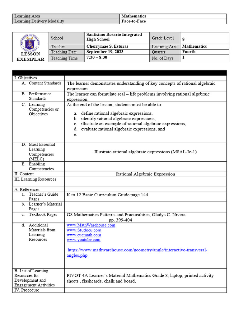 Lesson Exemplar | PDF | Learning | Angle