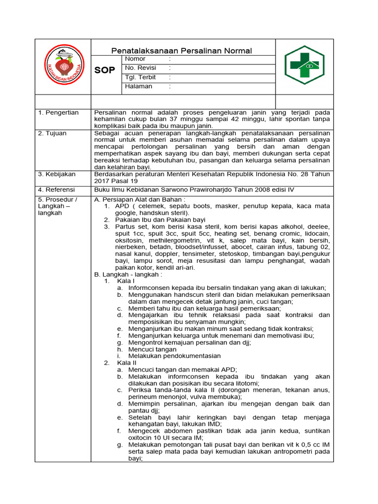 Sop Persalinan Normal | PDF